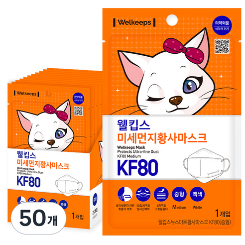 웰킵스 미세먼지황사마스크 중형 KF80, 1개입, 50개, 백색 - 가격 변동 추적 그래프 - 역대가