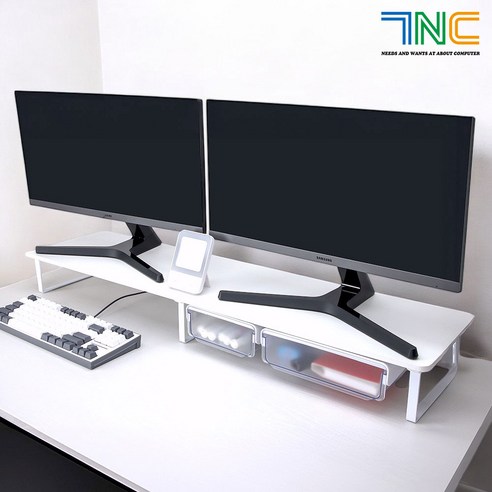 7NC 인체공학 모니터받침대 듀얼 높은 와이드 모니터선반 서랍 원목 2단 컴퓨터 대형 높이조절 화이트 - 모니터 받침대 | 쿠팡